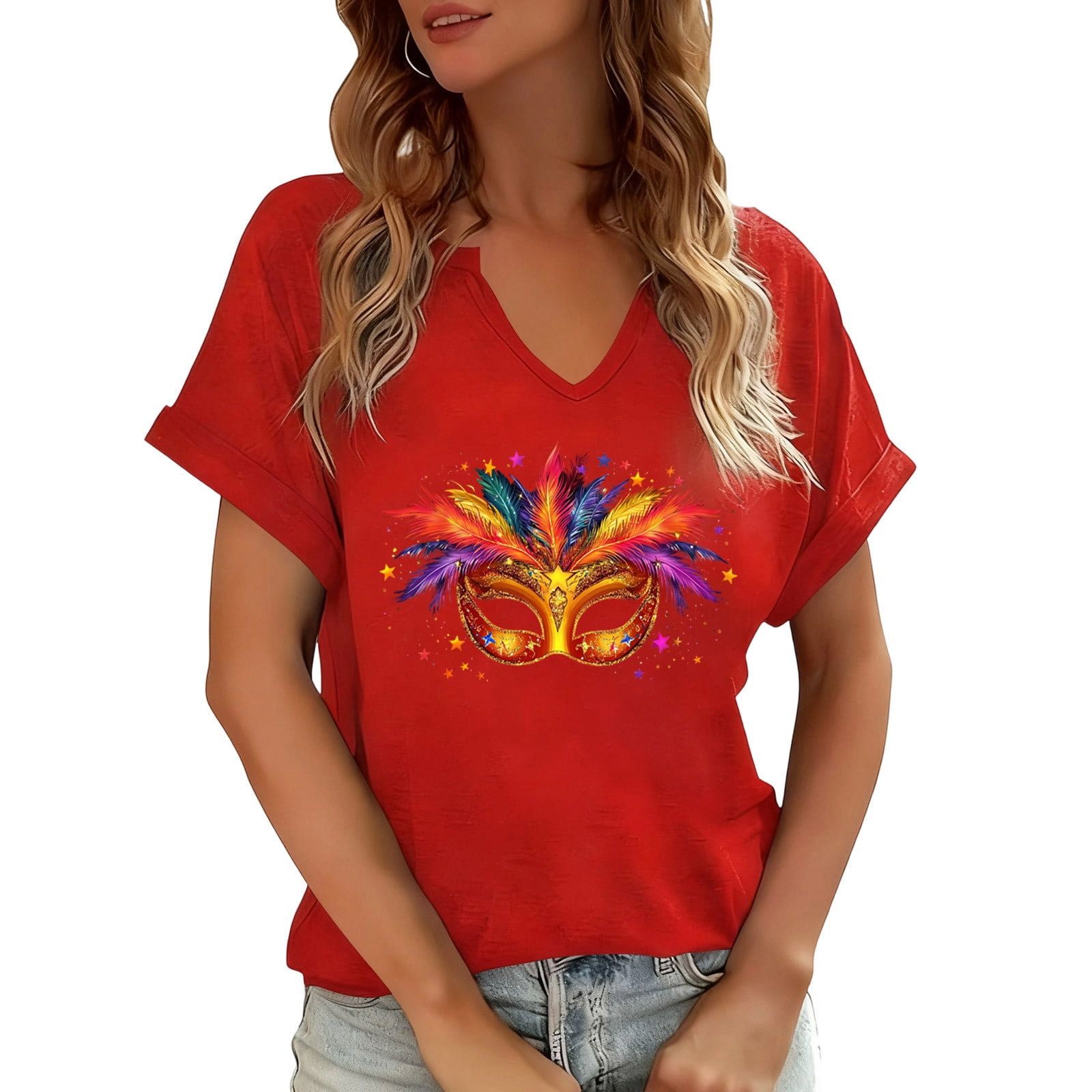 Carnival Tops for Women Print V-Neck Short Sleeve Summer Vibrant Party ...