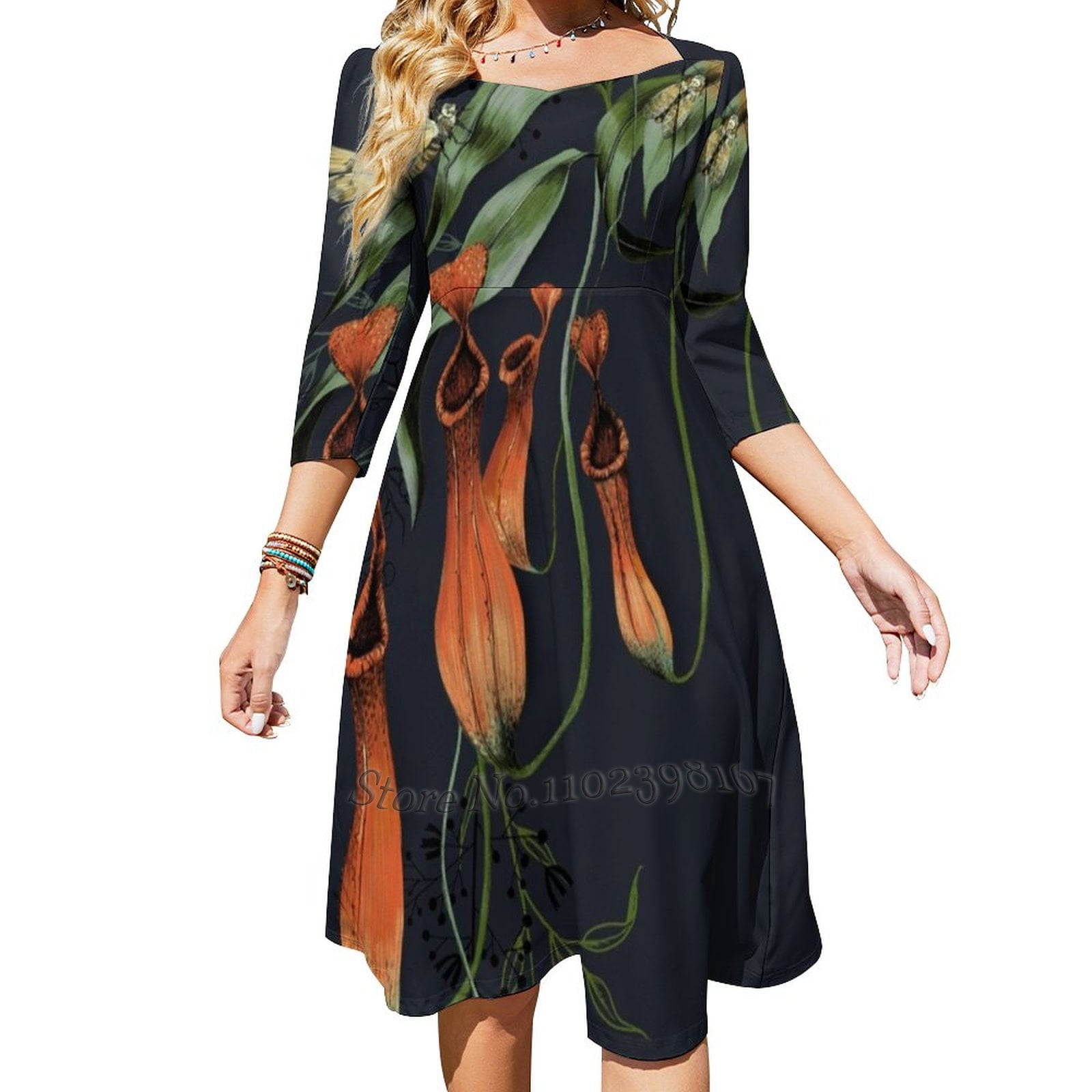Carnivorous Pitcher Plant Dark Square Neck Dress New Plus Size Elegant ...