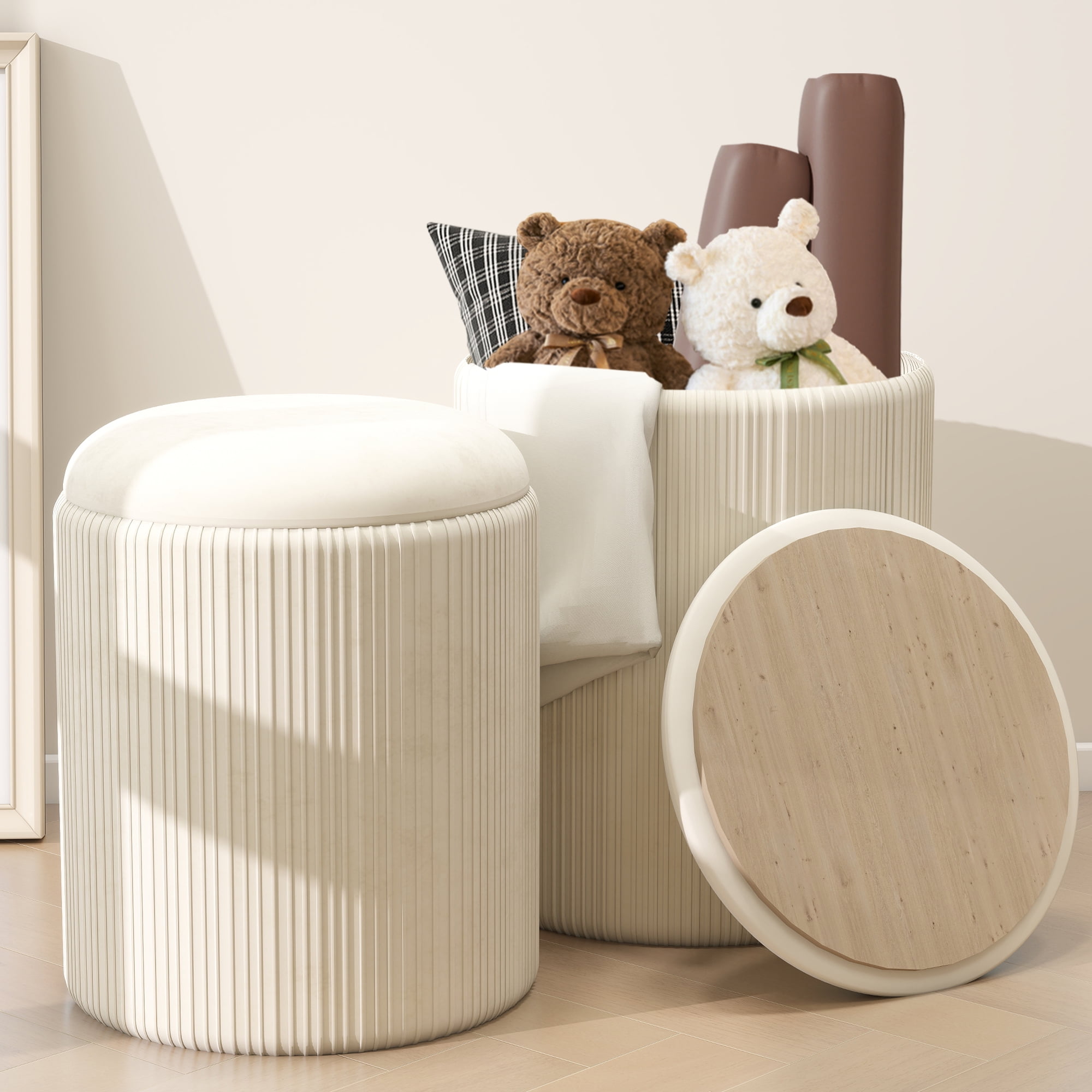 Caroeas Round Ottoman with Storage Set of 2, Upholstered Velvet Storage ...
