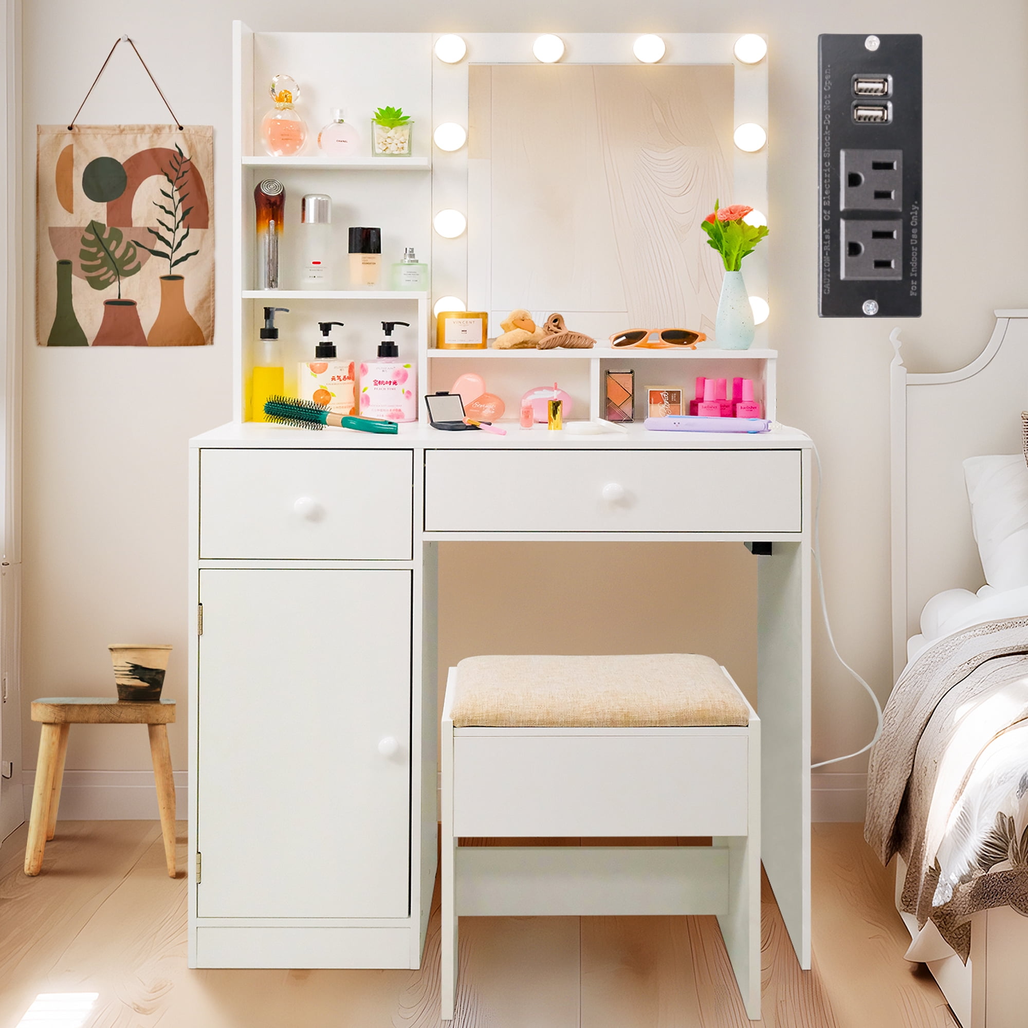 Caroeas Vanity Makeup Table with Lights, 2 Drawers and 1 Cabinet ...