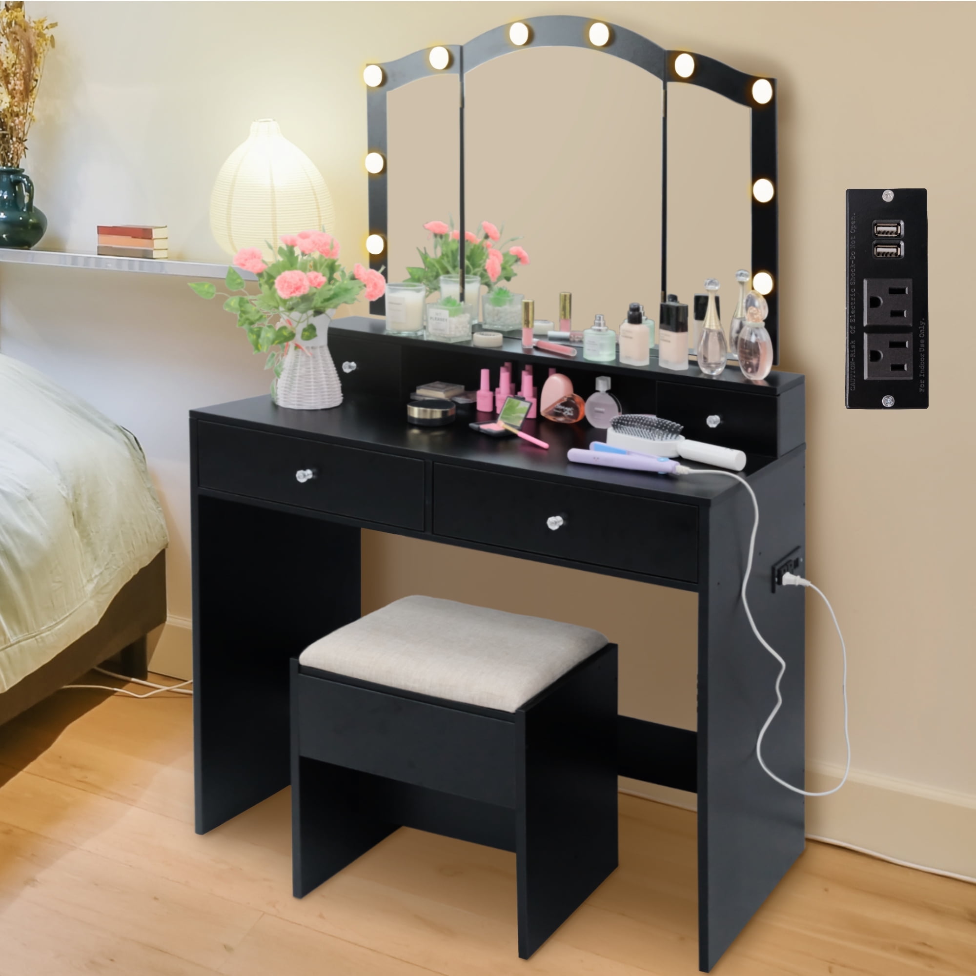 Caroeas Adult's Makeup Table & Vanity Set, Lighted Mirror, 10 Bulbs ...