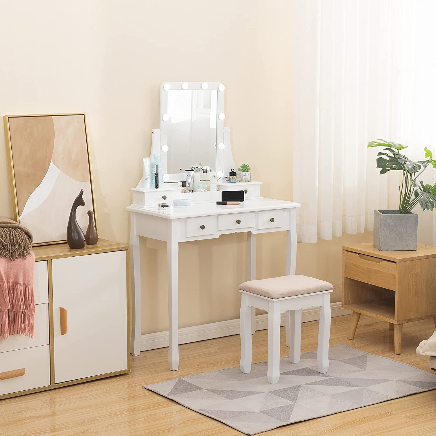 Caroeas Vanity Table, Vanity Desk with Detachable Mirror, Padded Stool ...