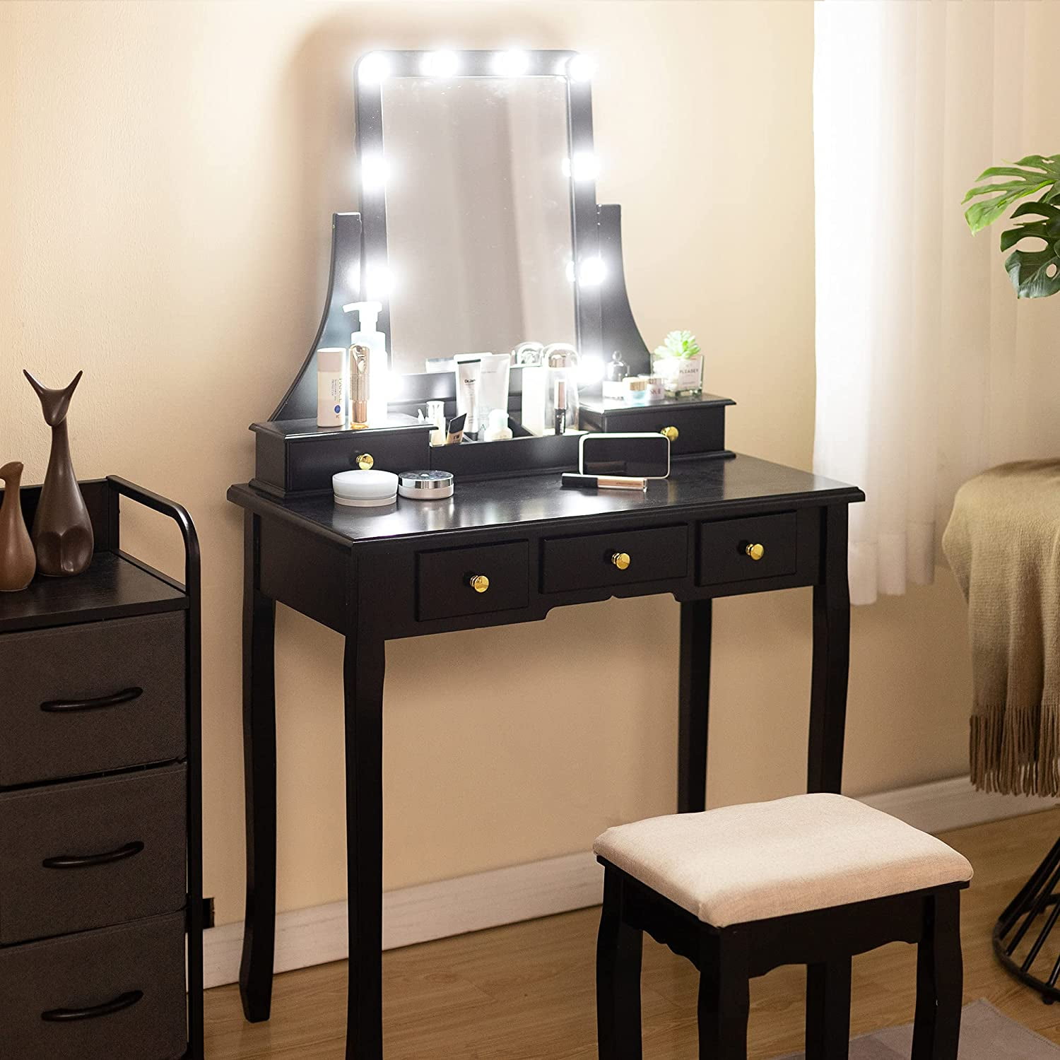 Caroeas Vanity Table, Vanity Desk with Mirror and Padded Stool, Solid ...