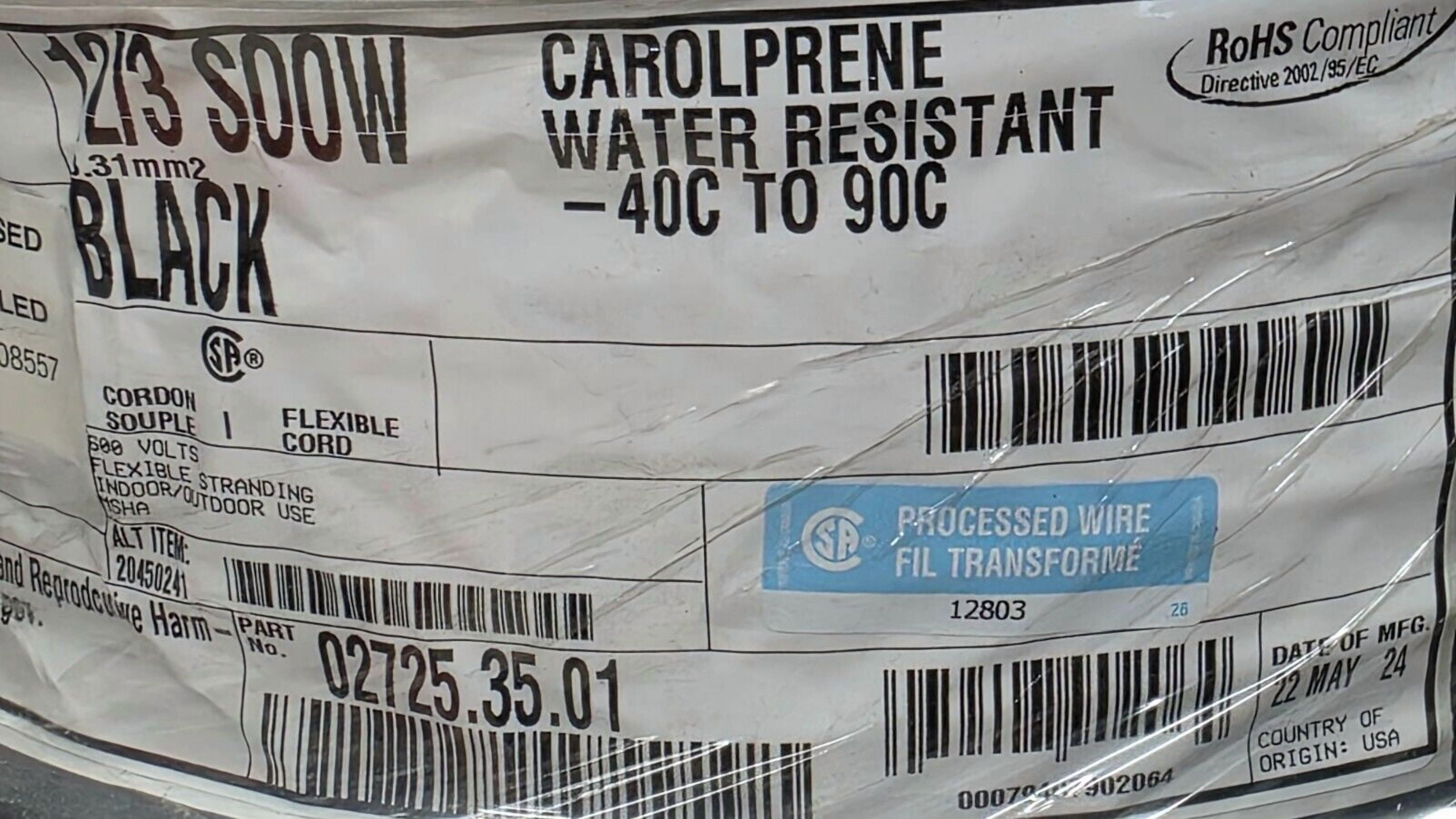 Carol 02725 12/3C Carolprene SOOW 600V 90C Portable Power Cable Cord Black/25ft - Walmart.com