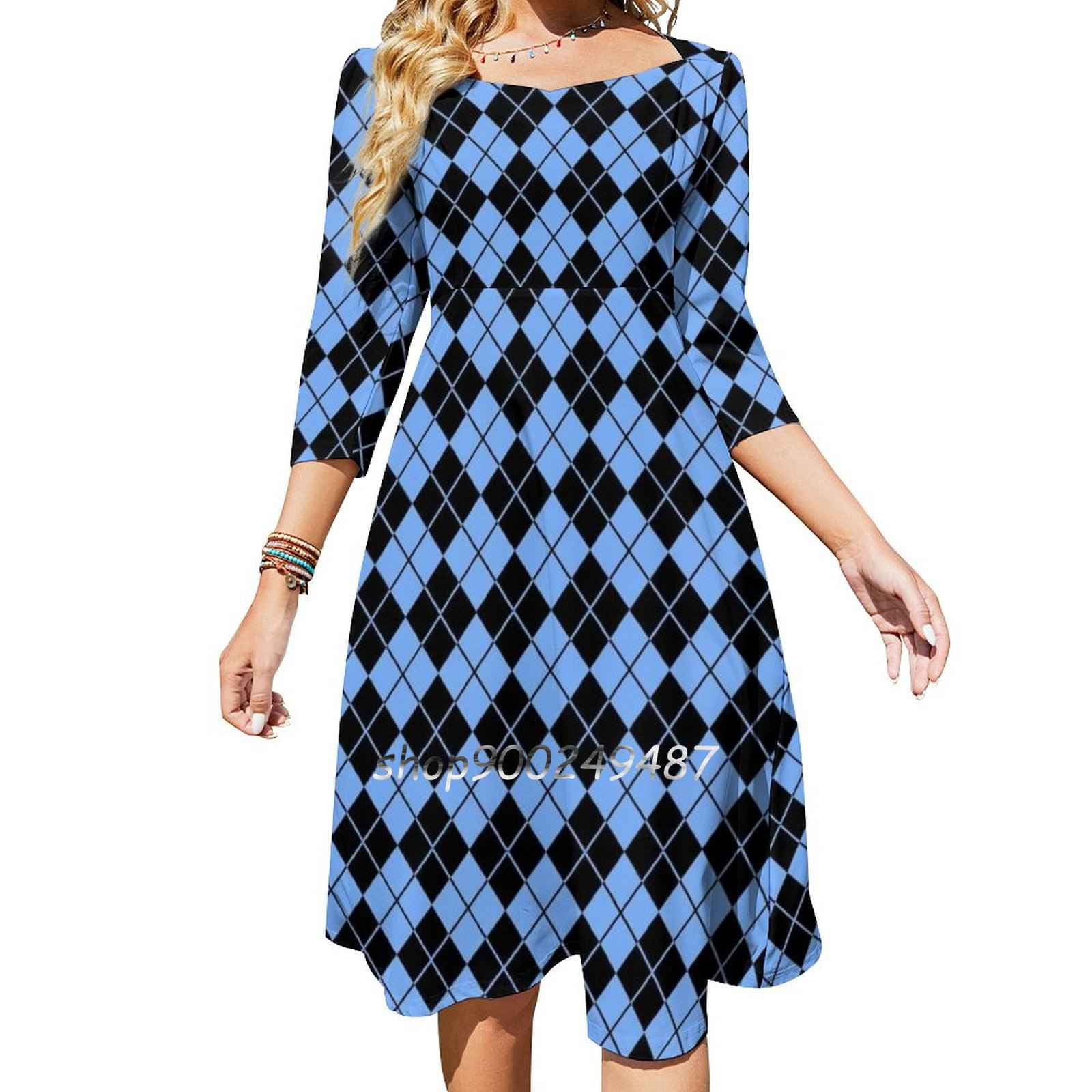 Carolina Blue / Black Argyle Flare Dress Square Neck Dress Elegant ...