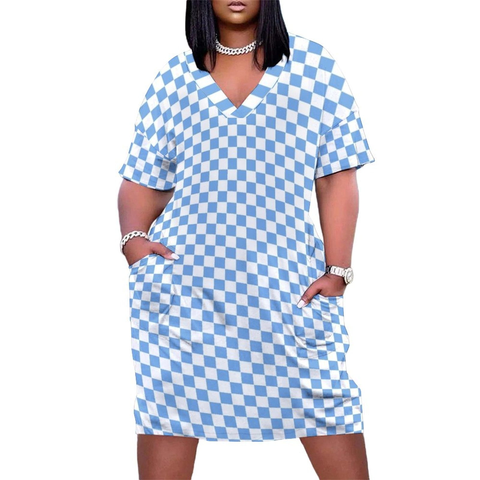 Carolina Blue checkerboard Loose Pocket Dress Dresses gala dresses summer wedding guest dress ...