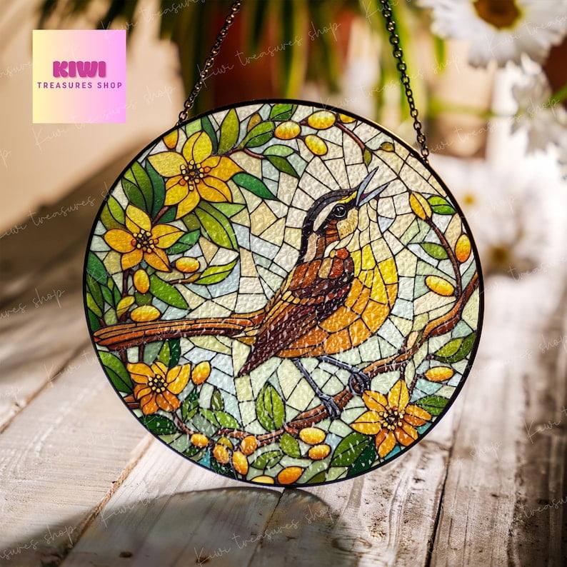 Carolina Wren on floral branch GLASS Hanging, Carolina Wren suncatcher ...
