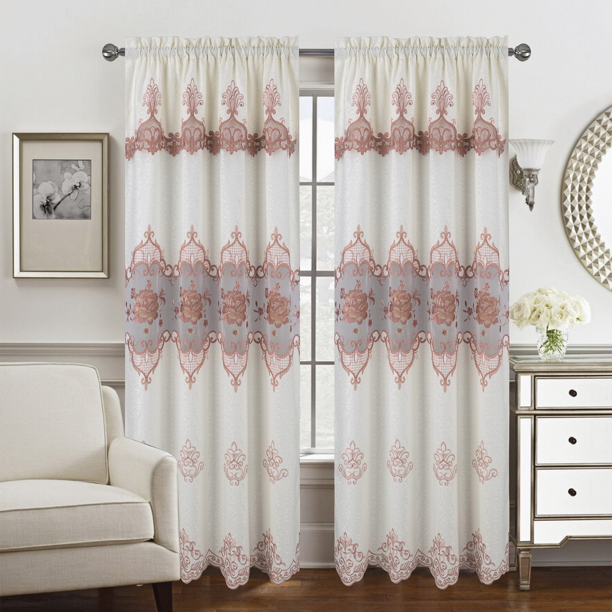 Caroline Floral Macramé Rod Pocket Window Panel With Attached Valance ...