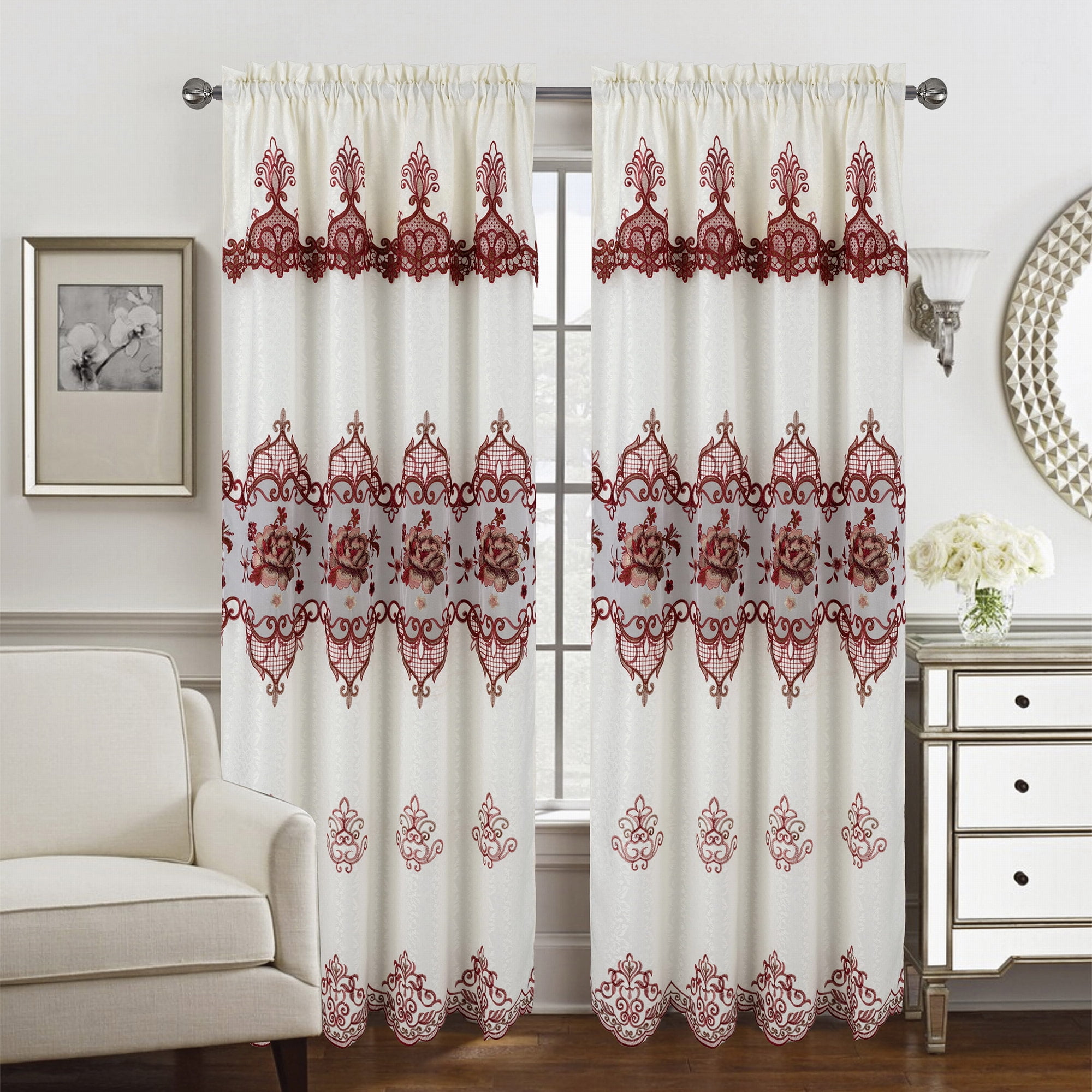Caroline Floral Macramé Rod Pocket Window Panel With Attached Valance ...