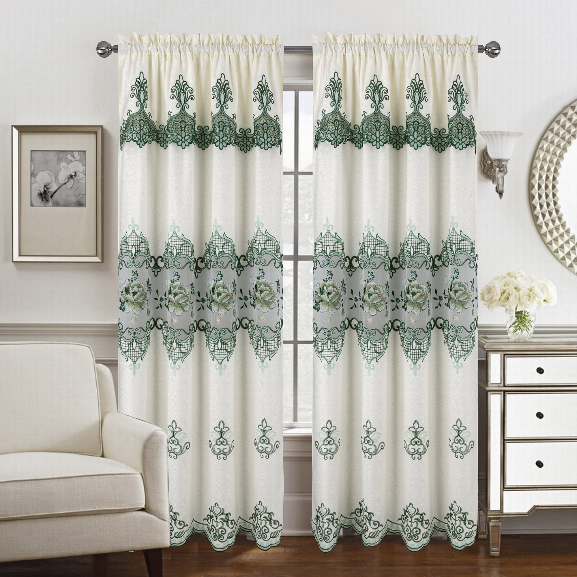 Caroline Floral Macramé Rod Pocket Window Panel With Attached Valance ...