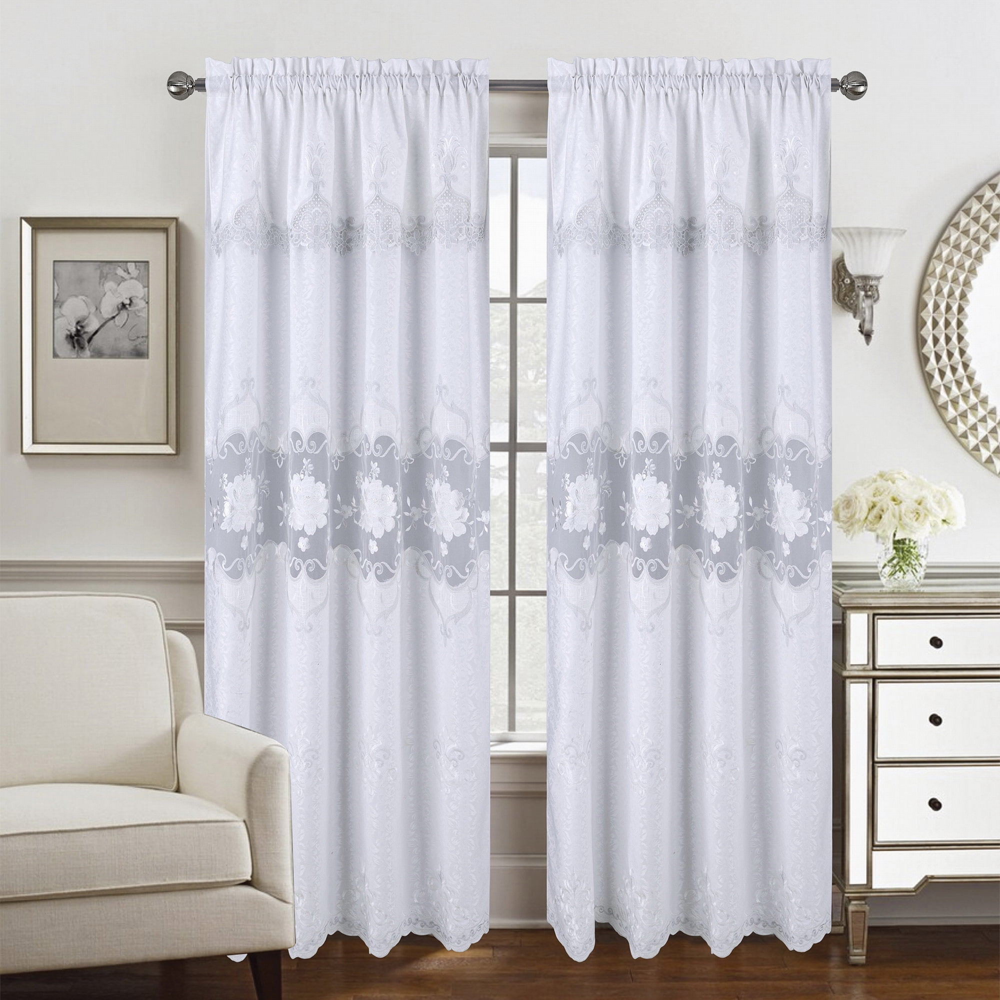 Caroline Floral Macramé Rod Pocket Window Panel With Attached Valance ...