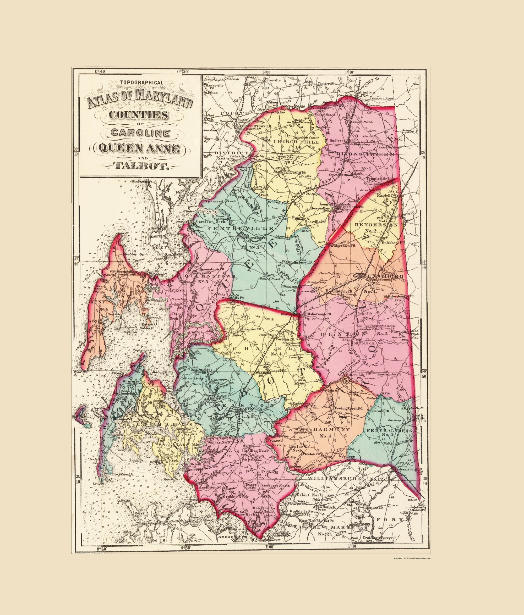 Historic County Map - Caroline Queen Anne Talbot Counties Maryland ...