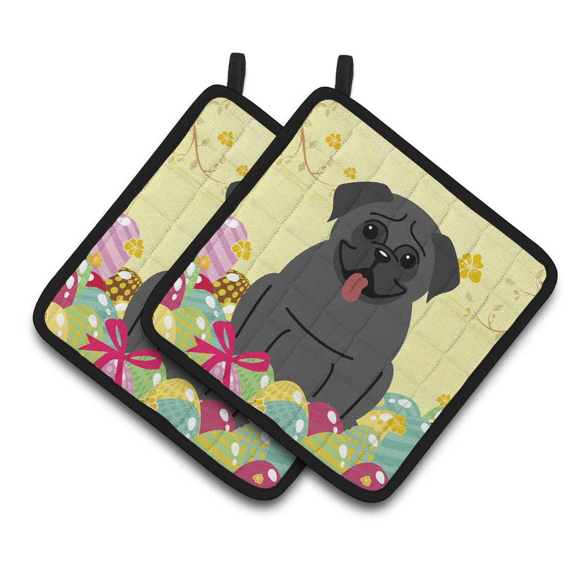 Caroline's Treasures Easter Eggs Pug Black Pair of Pot Holders ...