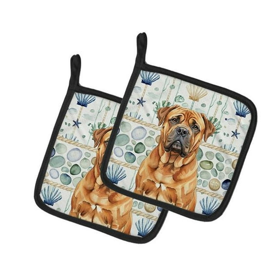 Carolines Treasures 7.5 x 7.5 in. Red Bullmastiff Coastal Sea Glass Pair of Pot Holders ...