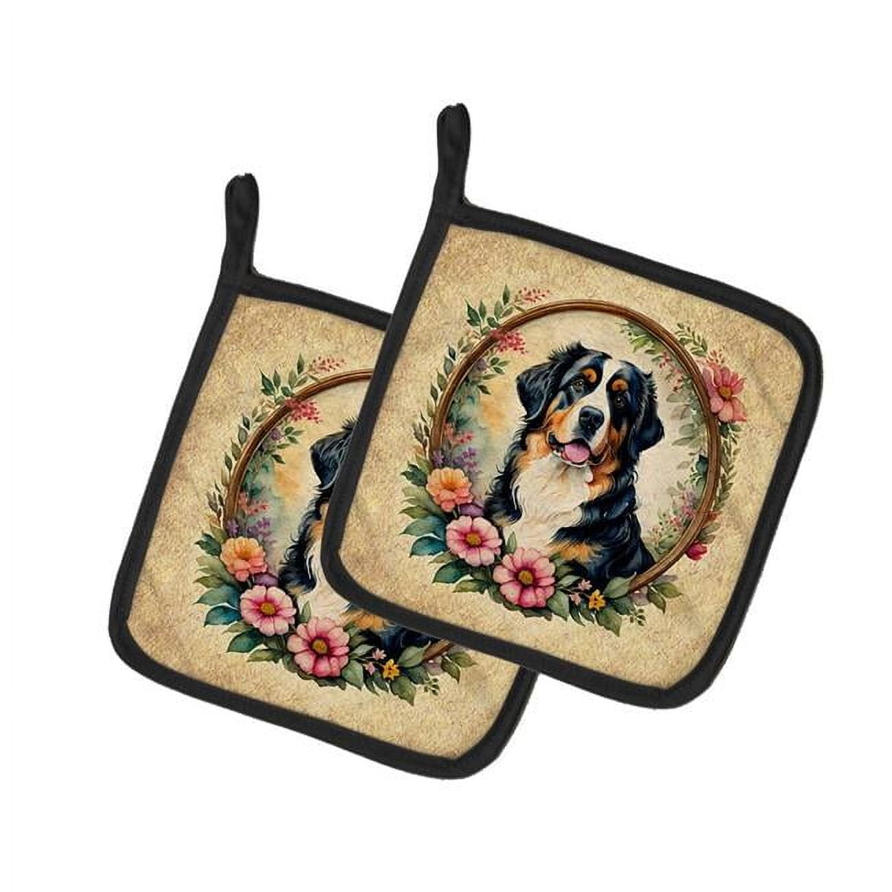 Carolines Treasures DAC2093PTHD 0.3 x 7.5 x 7.5 in. Bernese Mountain Dog & Flowers Pot Holders ...