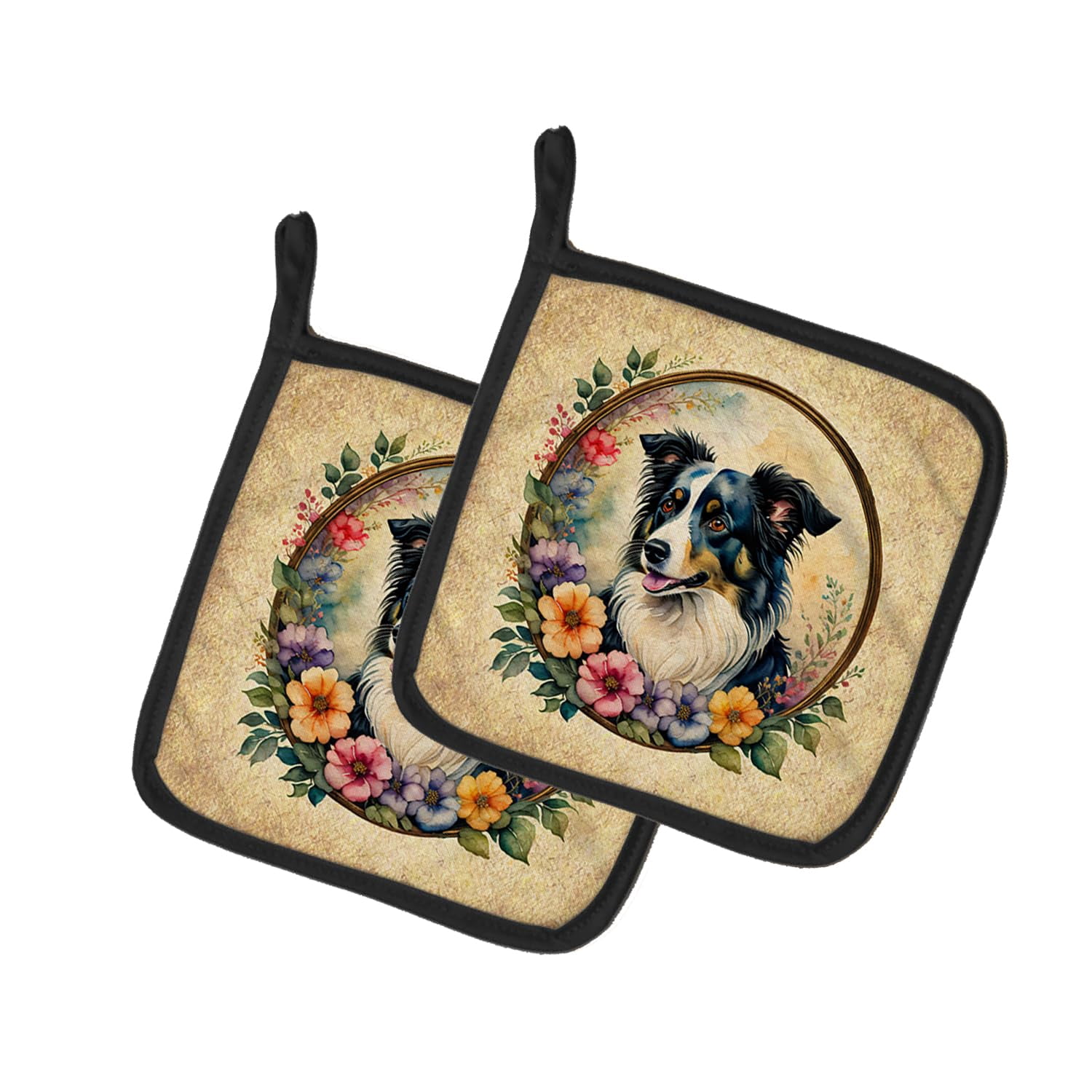 Border Collie and Flowers Pair of Pot Holders - Walmart.com