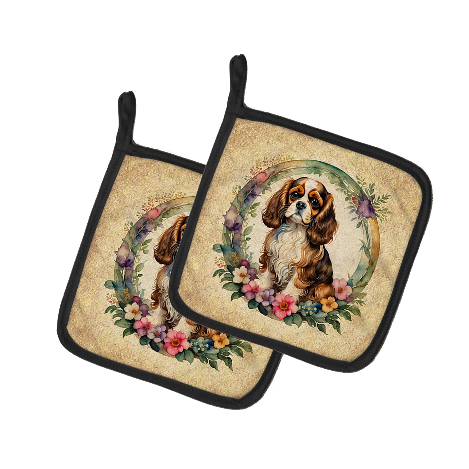 Cavalier Spaniel and Flowers Pair of Pot Holders 7.5 in x 7.5 in ...