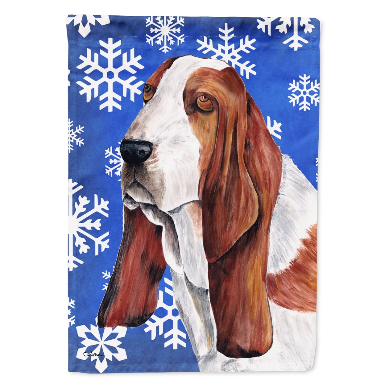 Carolines Treasures SC9372-FLAG-PARENT Basset Hound Winter Snowflakes Holiday Flag multicolor ...