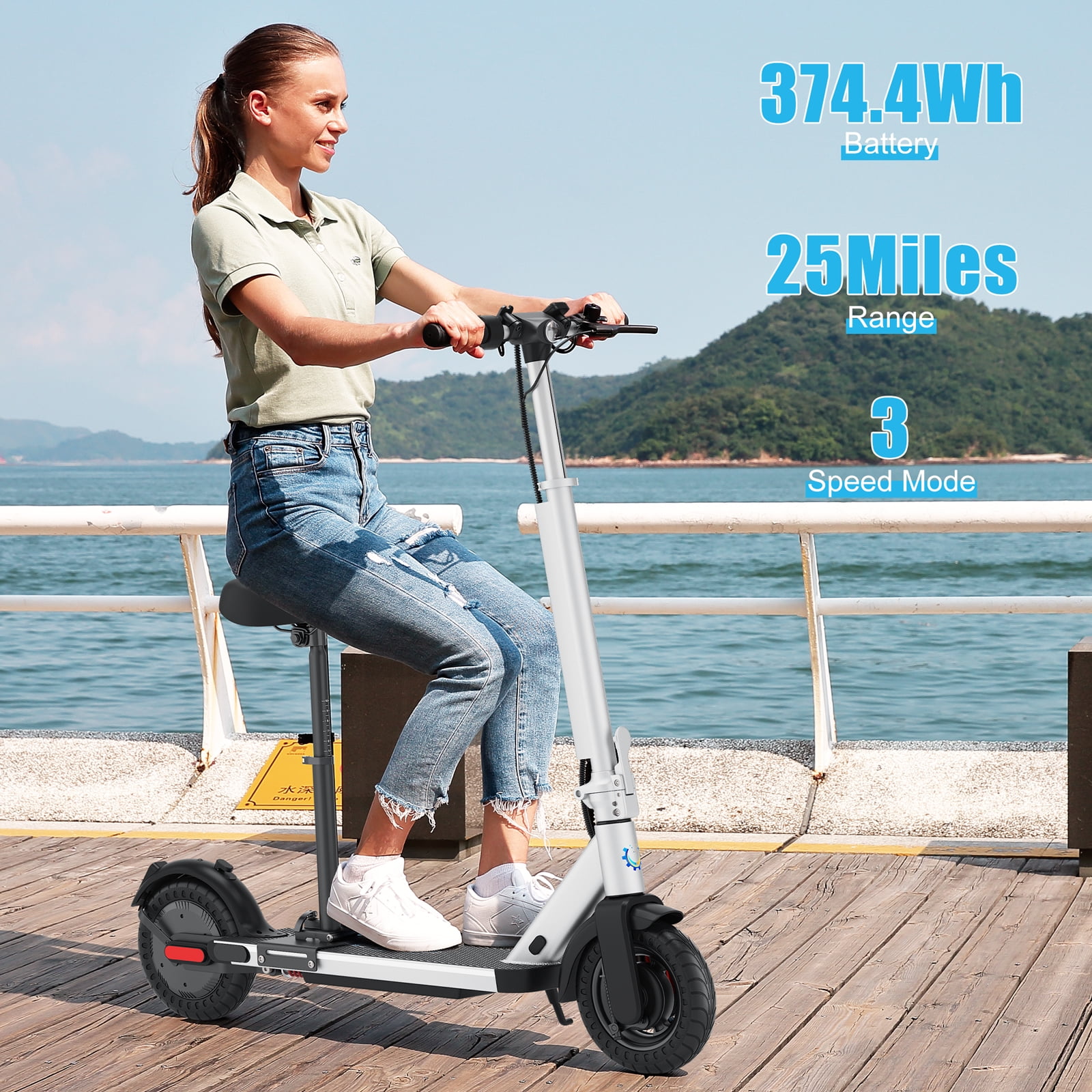 "Caroma 800W Electric Scooter with Seat, 20mph, 10"" Tires, 265 Lbs Load, Silver" - Walmart.com