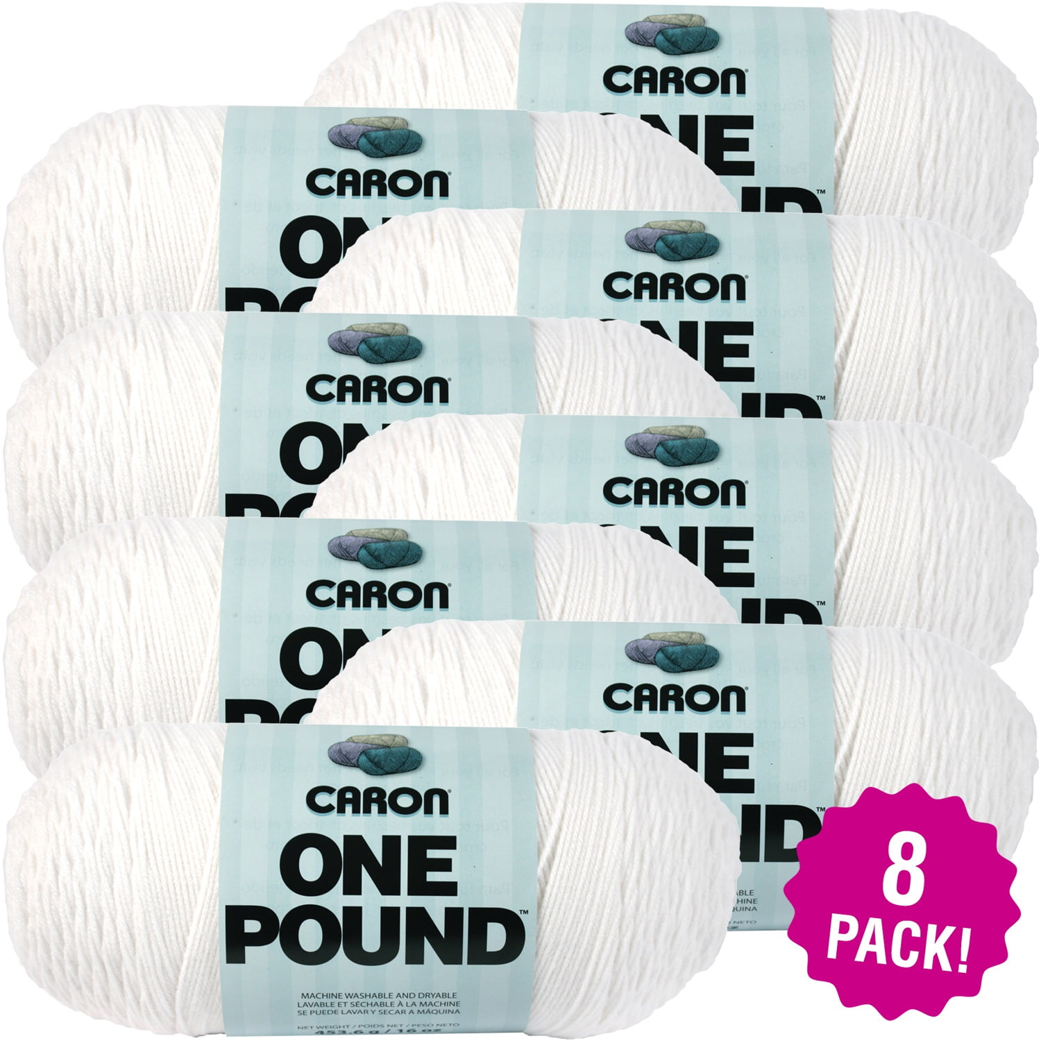 Caron One Pound Yarn - White, Multipack of 8, 100% Acrylic, Medium ...