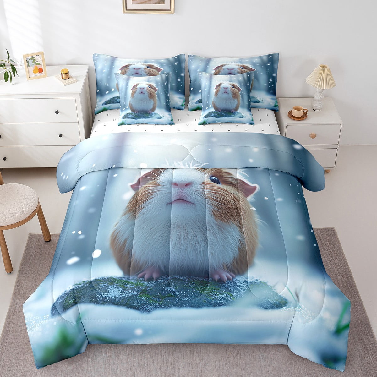 Caroon Guinea Pig King Comforter Cover Bedroom Decor Snow Natural ...