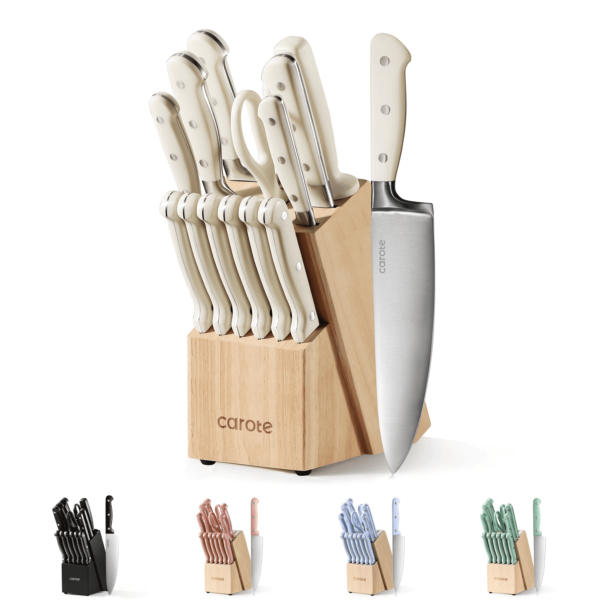 Carote 14 Pcs Knife Set with Wooden Block Stainless Steel Knives with Ergonomic Handle, Forged ...