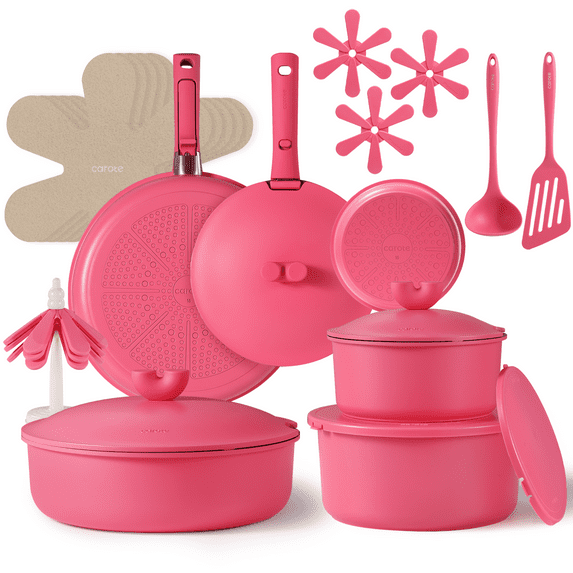 Carote 24Pcs Nonstick Pink Cookware Sets W/ Die-Cast Lid, Detachable ...