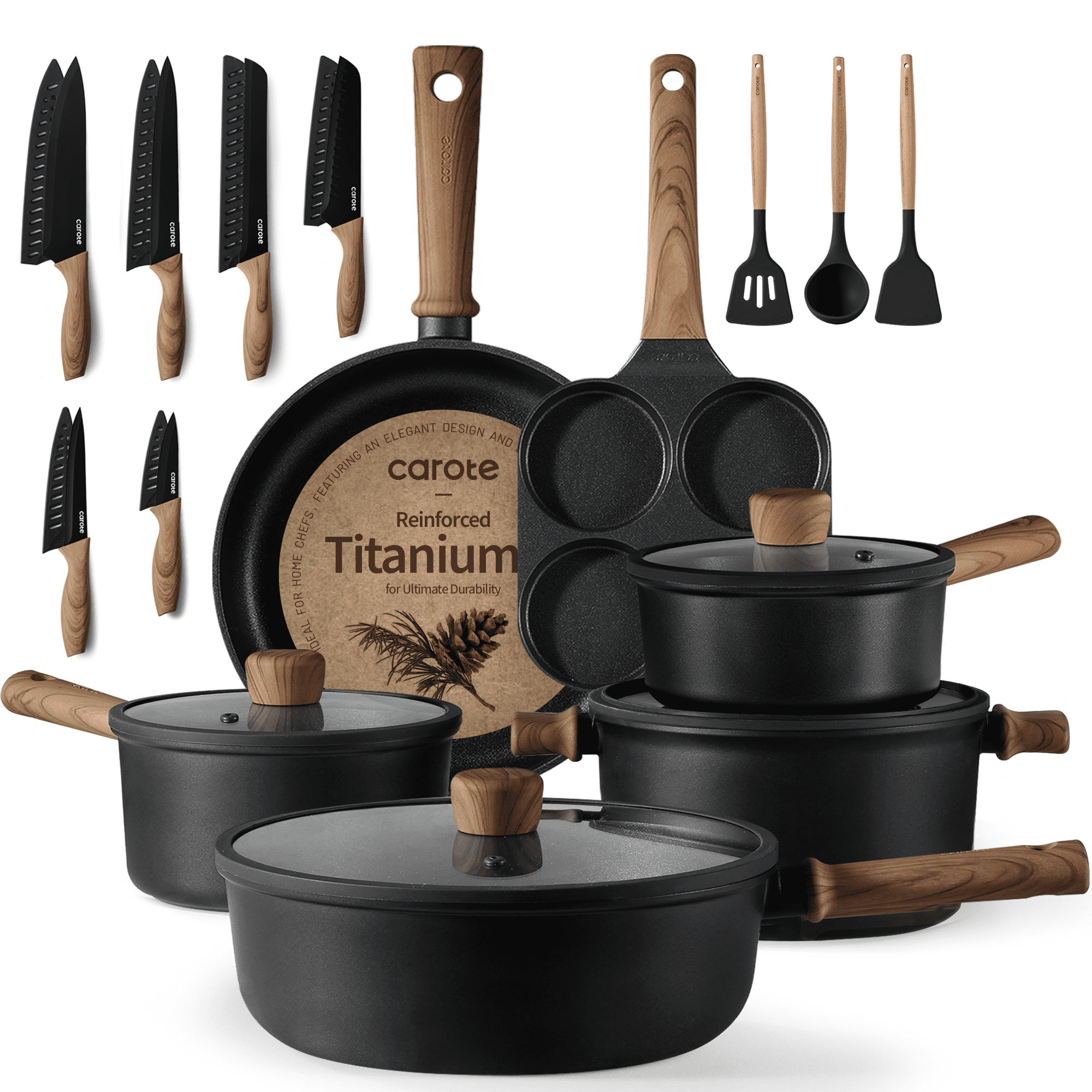 Carote 25Pcs Nonstick Cookware Sets, Titanium Pots and Pans Non Stick with Knife Set, Black ...