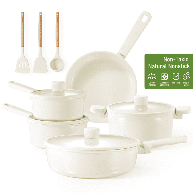Carote Ceramic Cookware Sets, 12 Pcs Pots and Pans Set, Non Toxic ...