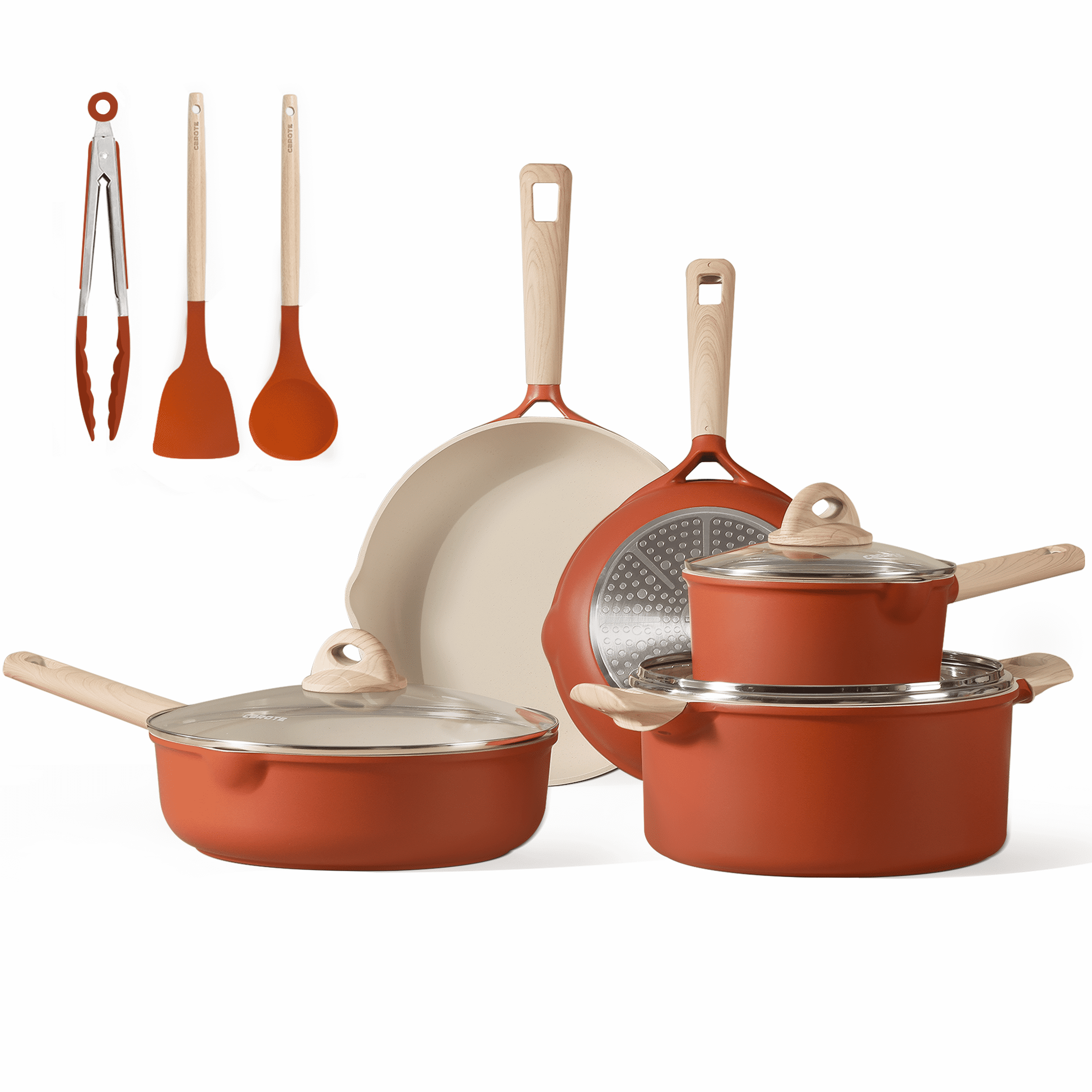Carote Classic 11 Piece Nonstick Die Cast Aluminum Cookware Set, Wooden ...