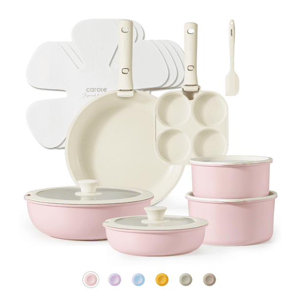 Carote Pink Cookware Sets, 17 Pcs Pots and Pans with Removable Handle ...