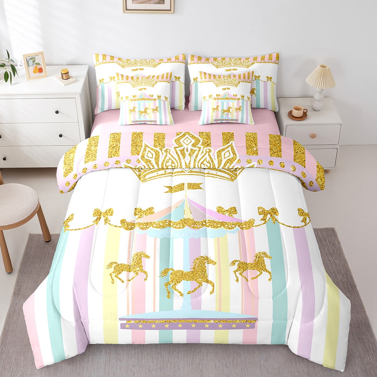 Carousel 7 Pcs Comforter Set Queen Size Bed in a Bag,Goldern Princess ...