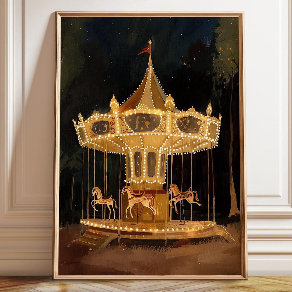 Carousel Art Print - Illuminated Forest Carousel Wall Art - Festive ...