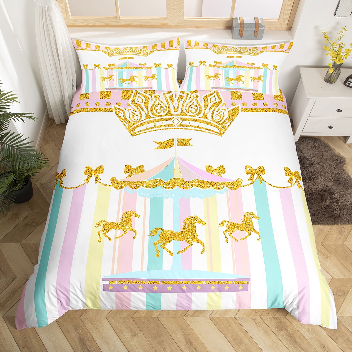 Carousel Bedding Set King Size,Goldern Princess Horse Duvet Cover 3pcs ...