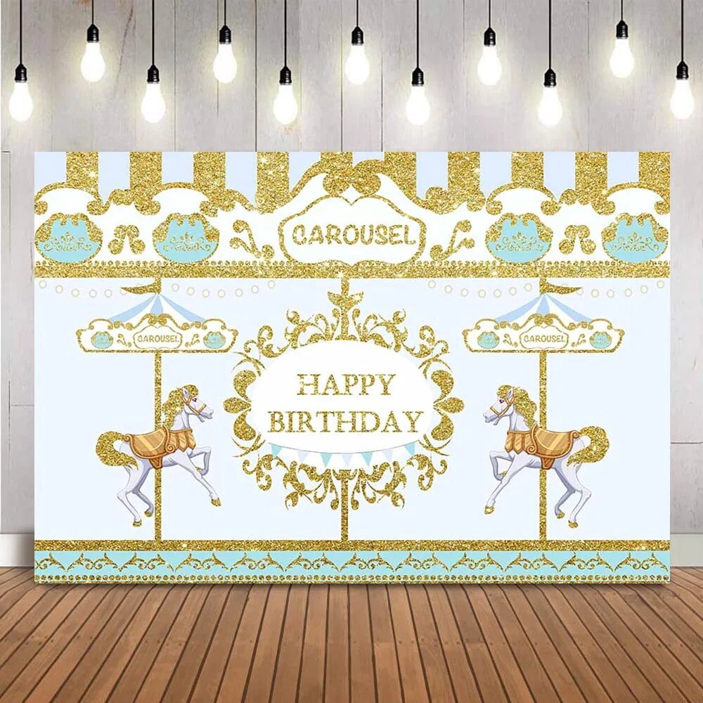 Carousel Birthday Backdrop Boy Blue Happy Birthday Party Decoration ...