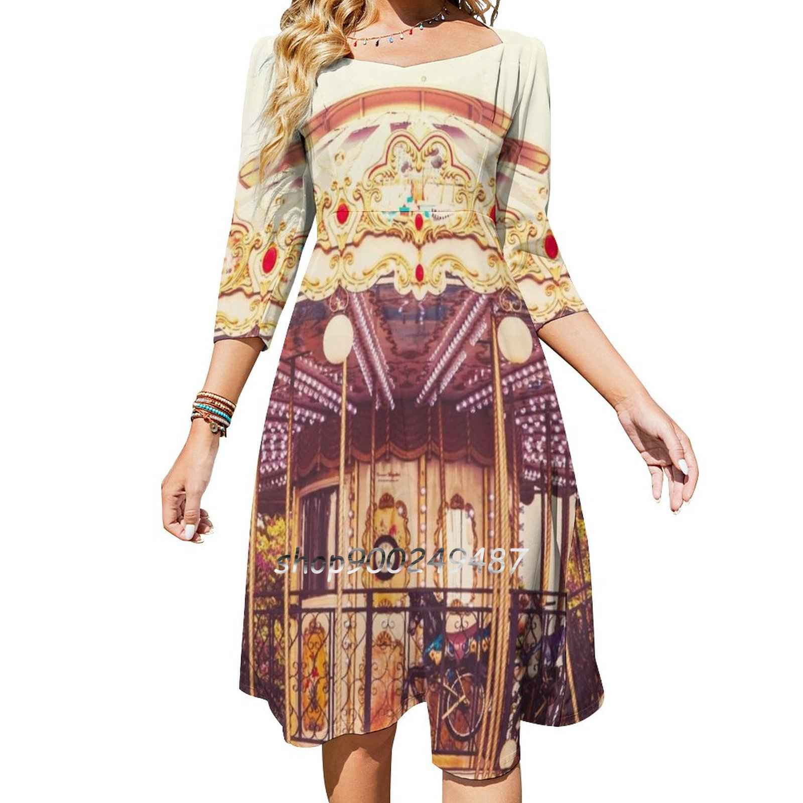 Carousel Flare Dress Square Neck Dress Elegant Female Fashion Printed ...