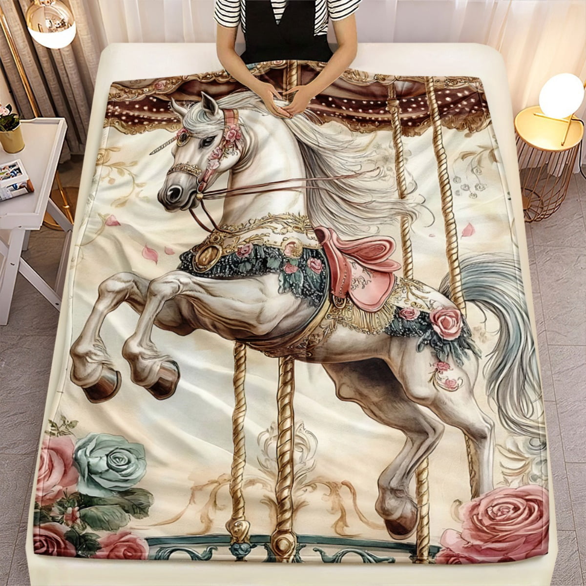 Carousel Horse Blanket - Elegant Horse with Pink Roses, Pastel Colors ...