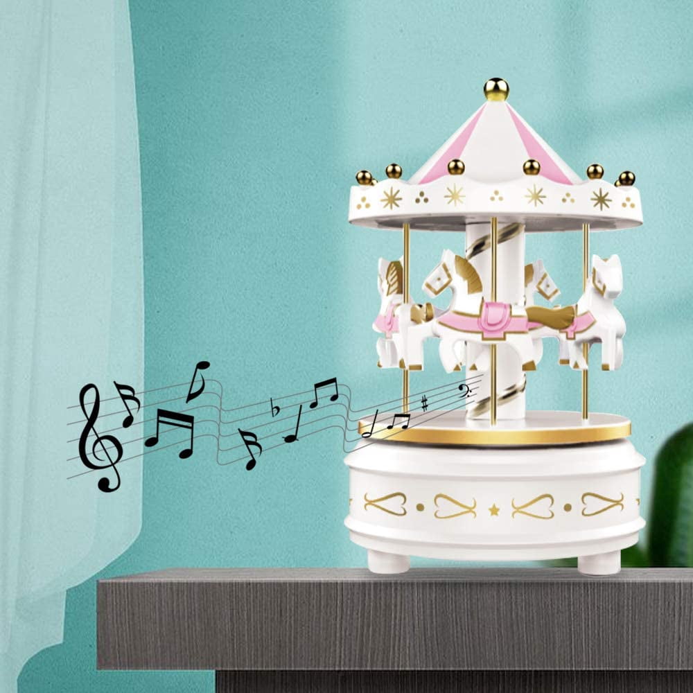 Carousel Music Box, White - Cake Topper, Easy Twist, 4 Horse Classic ...