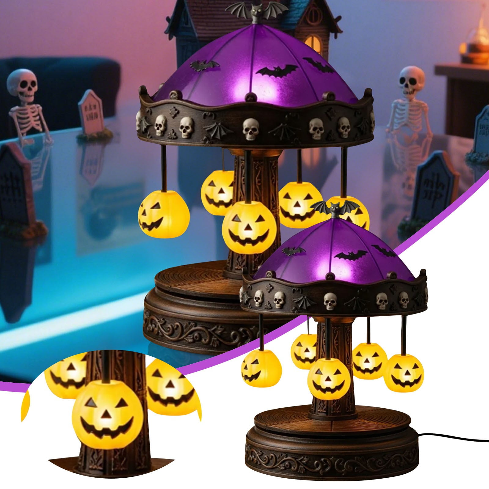 Carousel Night Light, Halloween Theme, Purple & Brown, Jack-o'-lanterns ...