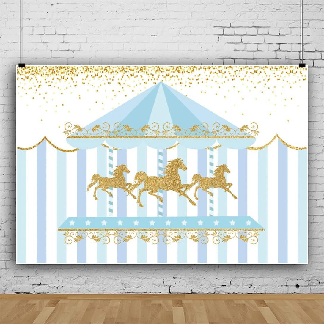 Carousel Photography Background Cartoon Amusement Park Scene Blue Gold ...
