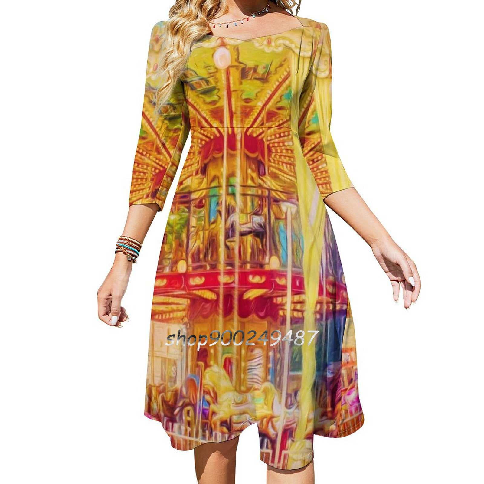 Carousel Square Neck Dress Cute Loose Print Dresses Elegant Beach Party ...