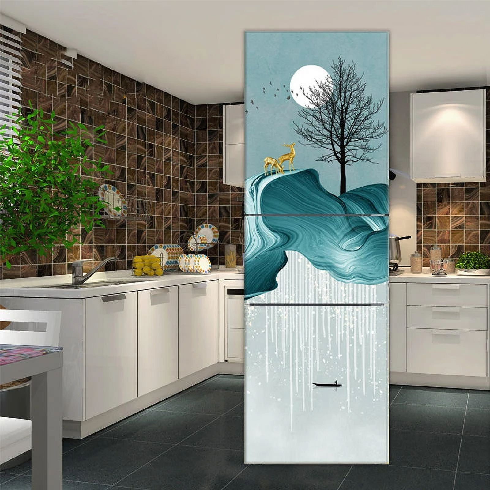 Carp Lotus Fridge Sticker Scenery Ink Painting Refrigerator Stickers ...