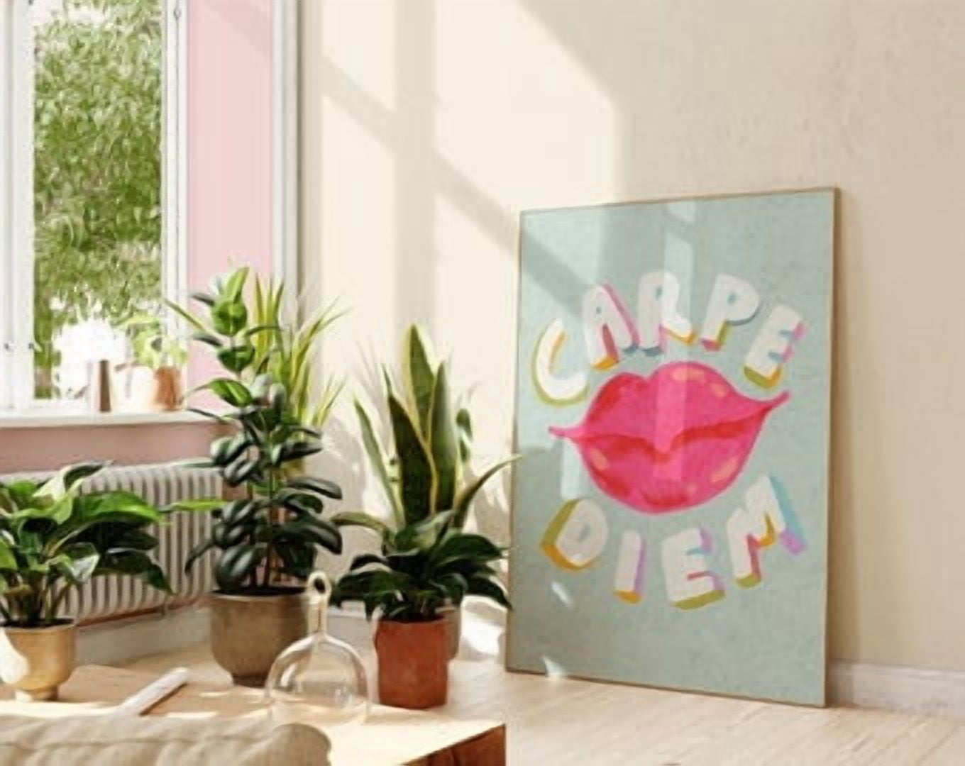 Carpe Diem Poster Pink Lips Motivational Typography, Poster Home Decor ...