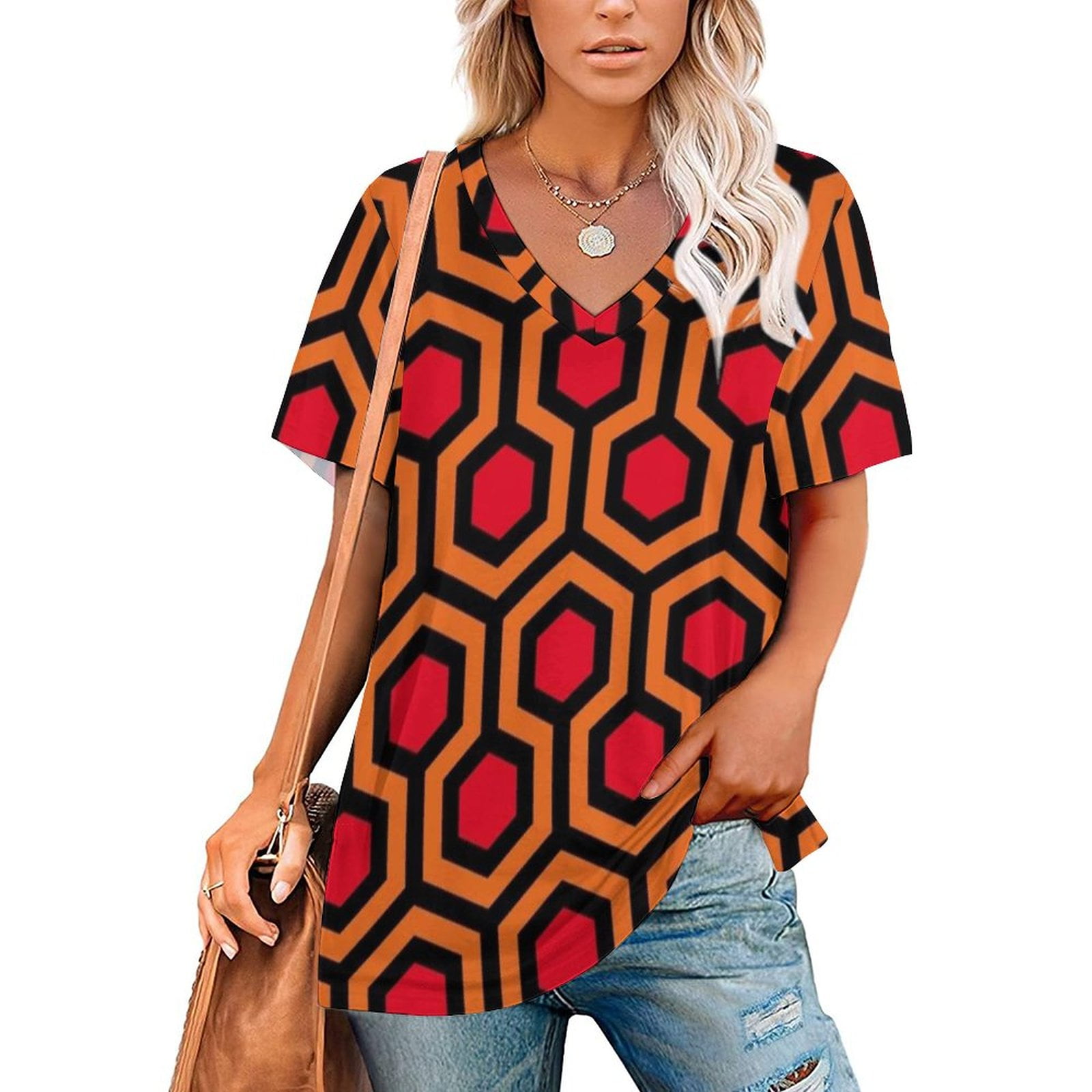 Carpet Pattern Women'S T-Shirt New Fashion Printed Zipper V-Neck Short ...