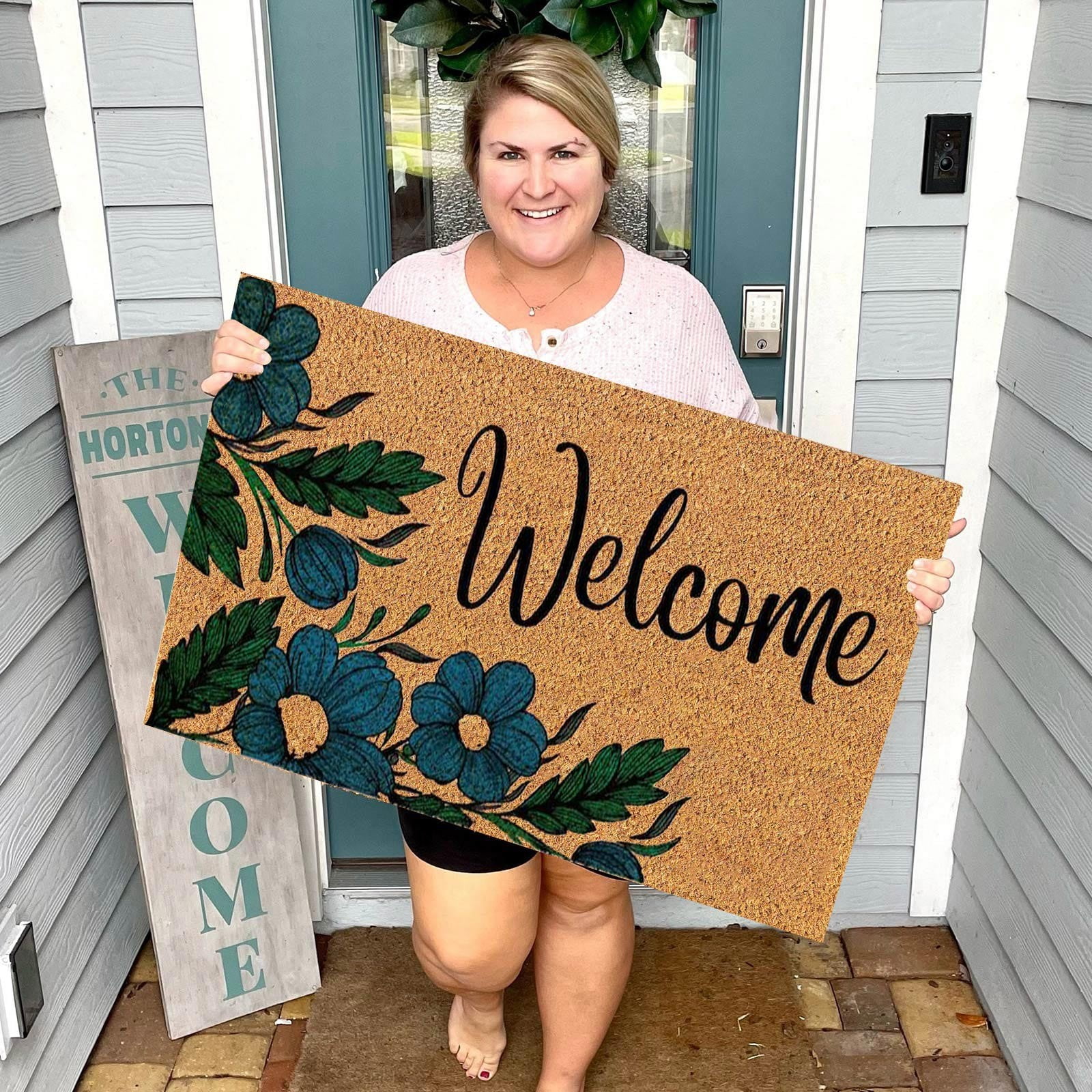 Carpet,Small blue flowers and green leaves welcome brown floor mats in ...