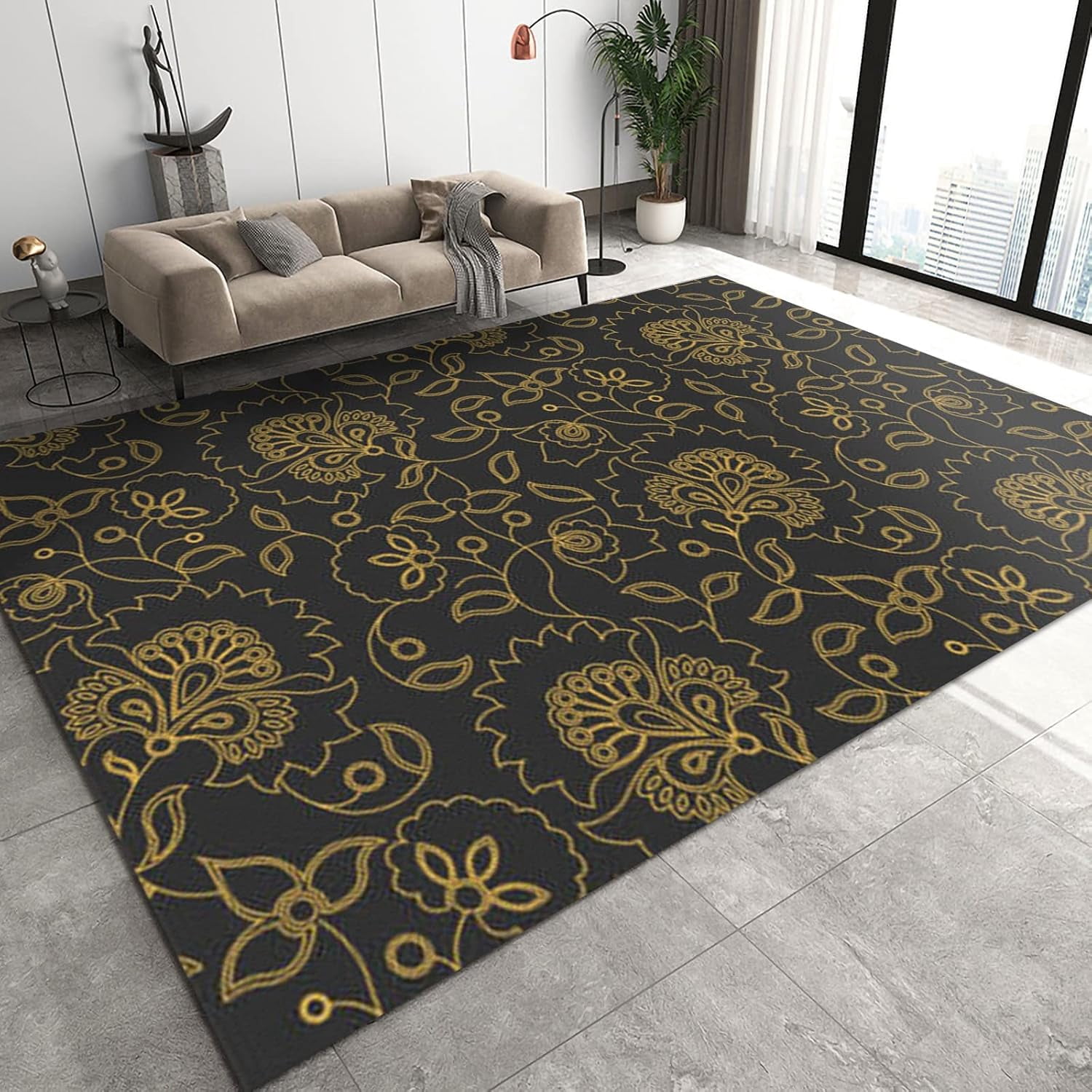 Carpet Of Yellow Flowers And Leaves, Abstract Botanical Carpet, Lounge ...