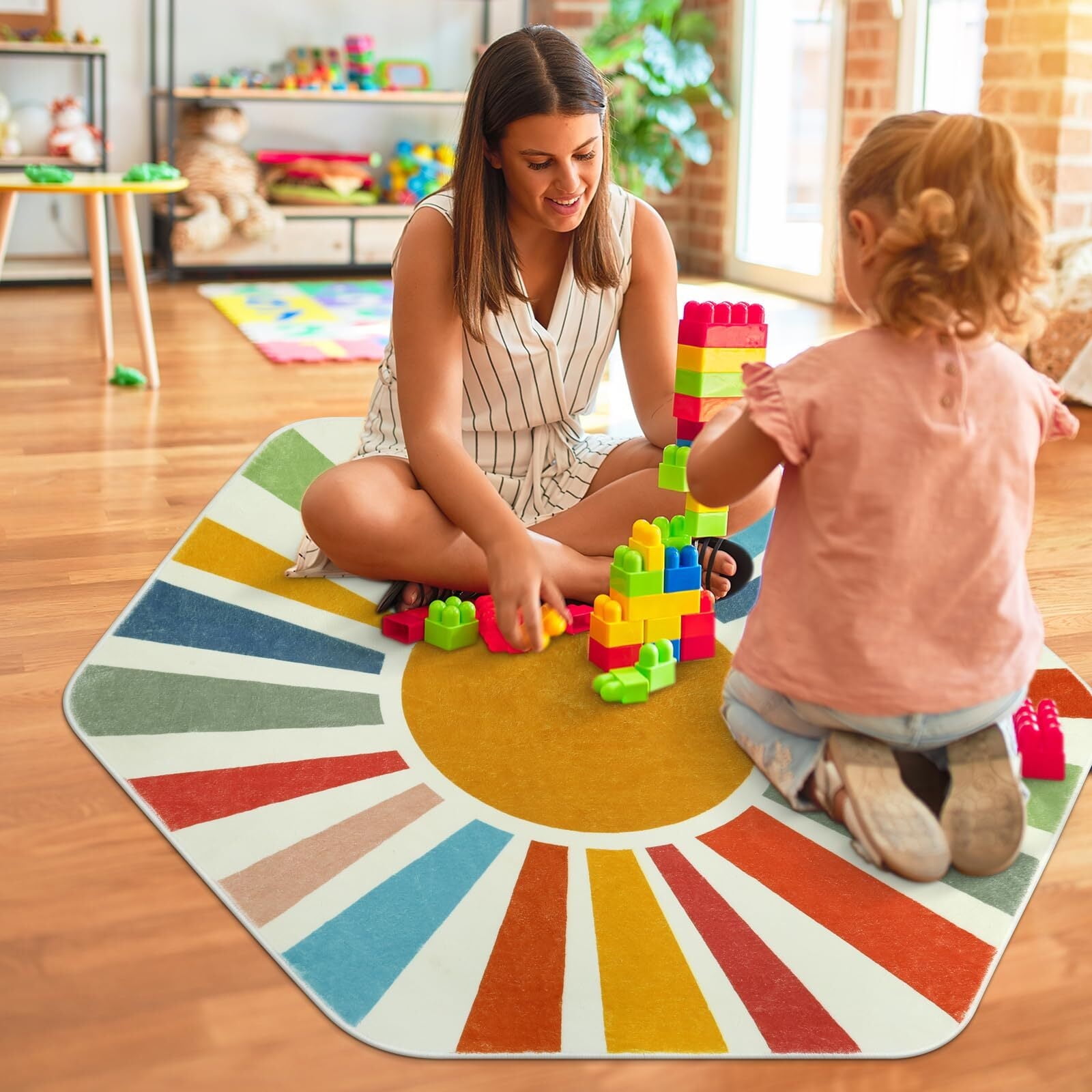 Carpetory 4'x4'7" Hexagonal Rainbow Sun Rug,Boho Machine Washable ...