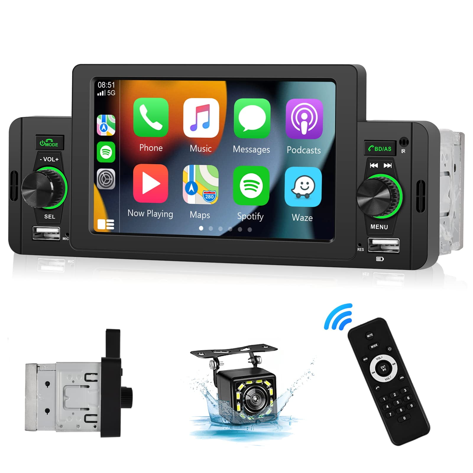 Carplay Single Din Radio 5 Inch Touch Screen Car Stereo with Car Play ...