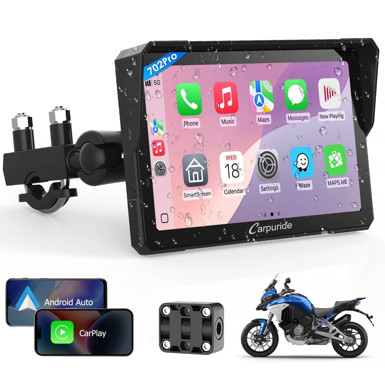 Carpuride Motorcycle Wireless CarPlay Screen, Android Auto 7" Portable ...