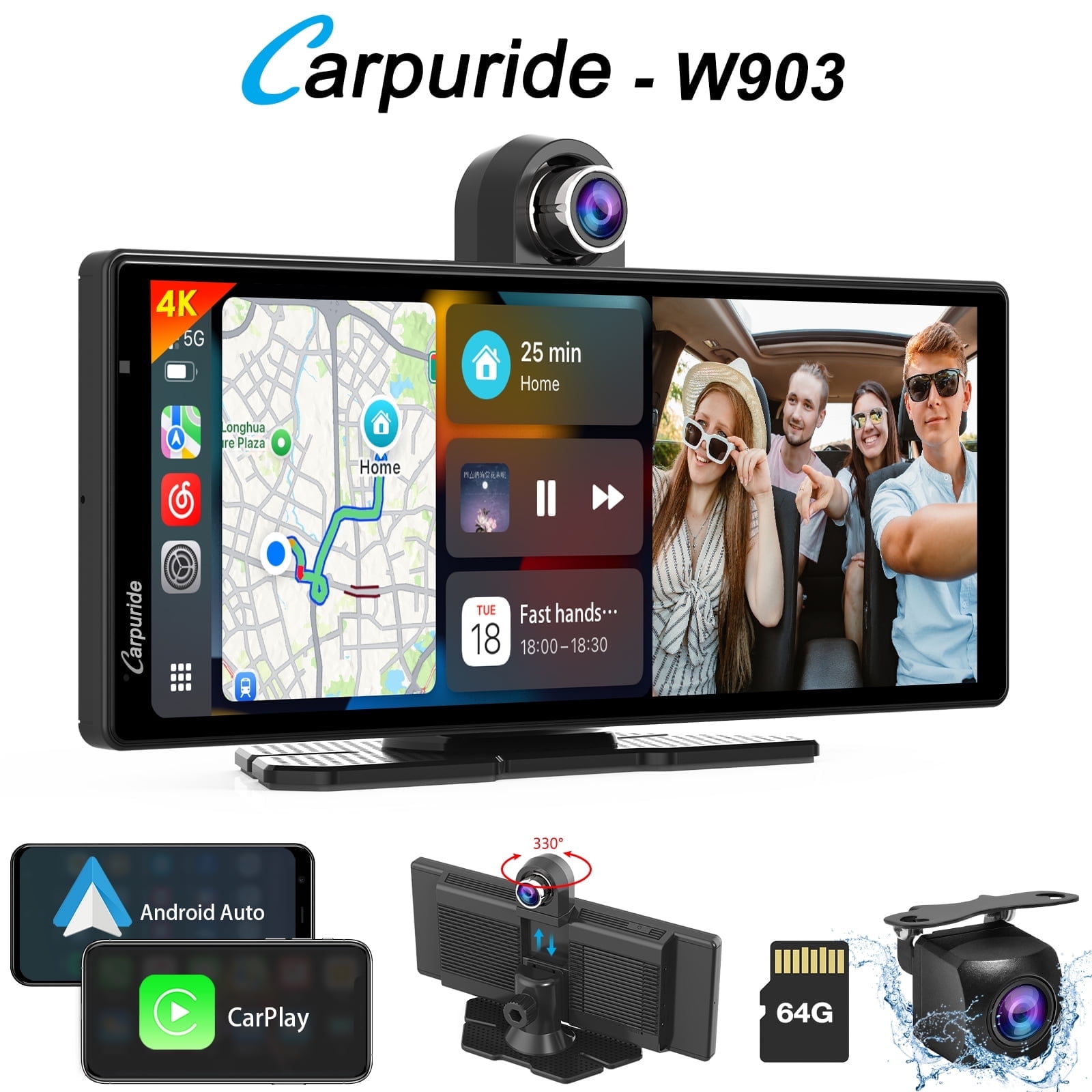 Carpuride Wireless Carplay Android Auto with 4K Front Dash Cam 1080P ...
